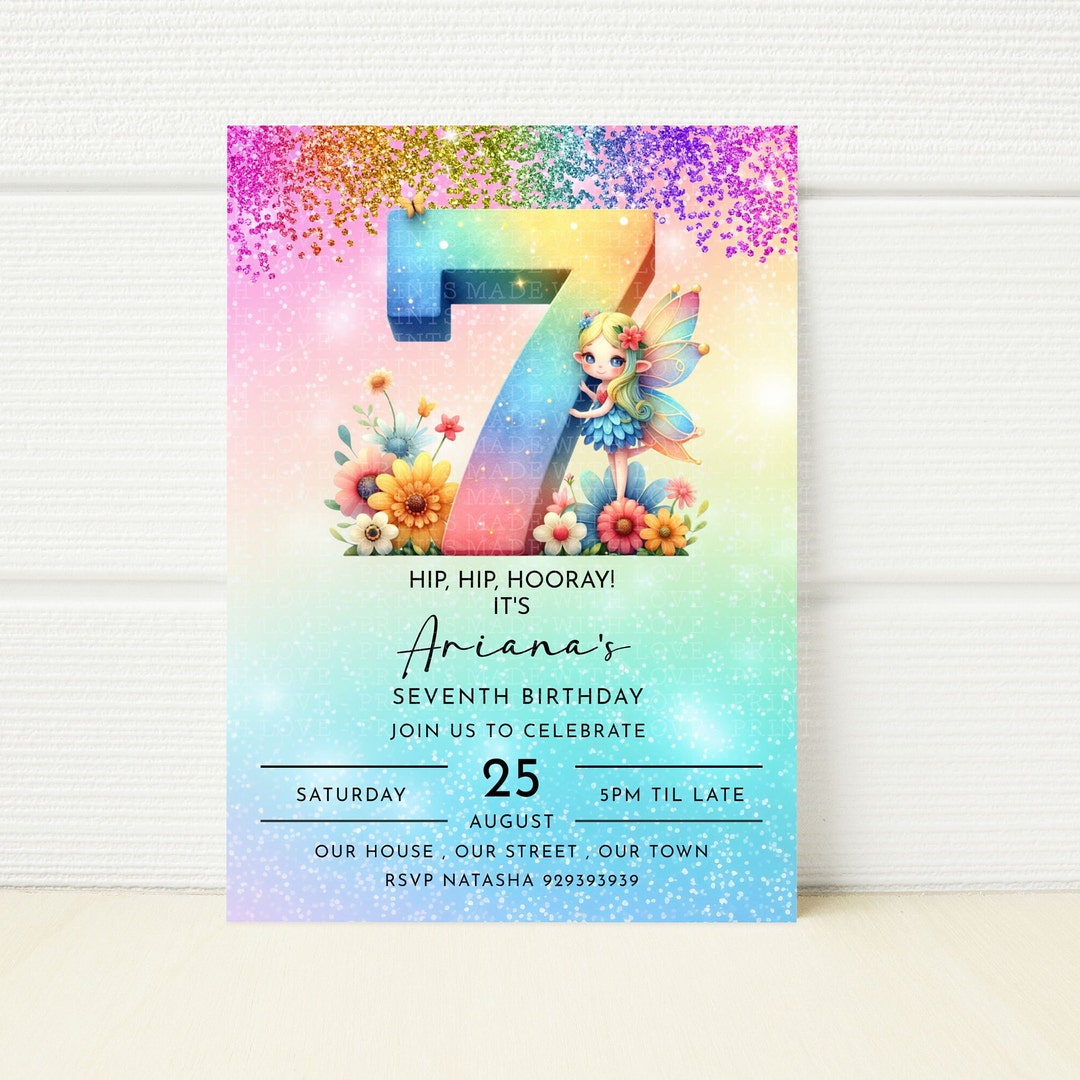 Fairy Rainbow 7th Birthday Invitation Rainbow Invite Glitter Party ...