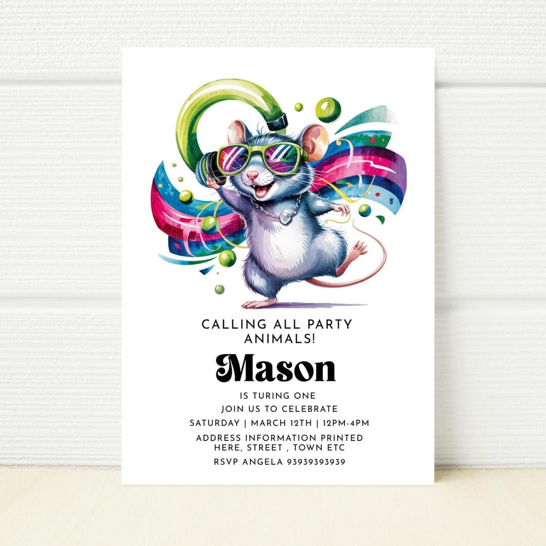 Rat UV Neon Birthday Party Invitation Pet Shop Rave Boy Girl Party ...