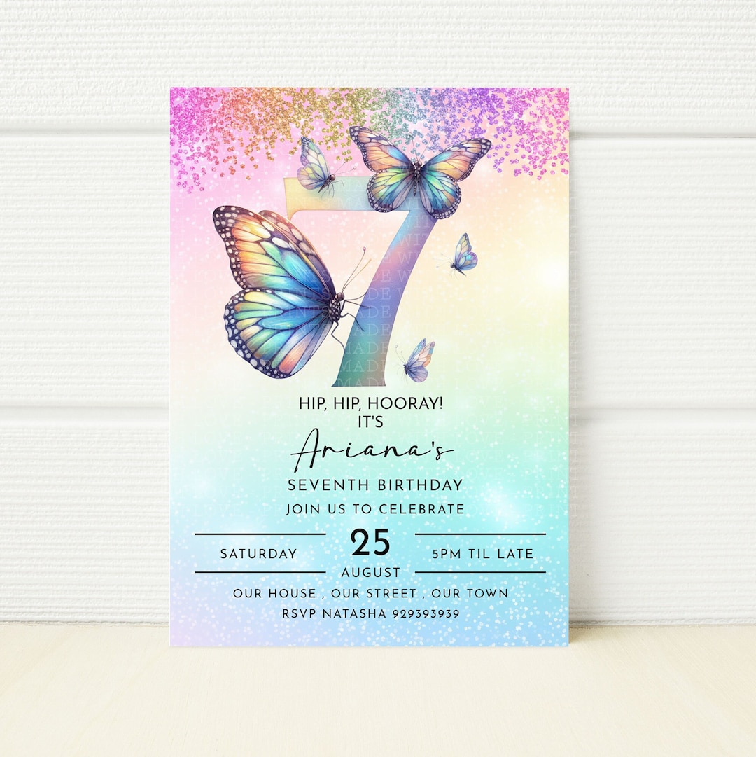 Butterfly 7th Birthday Invitation, Rainbow Glitter Party (digital) - Etsy