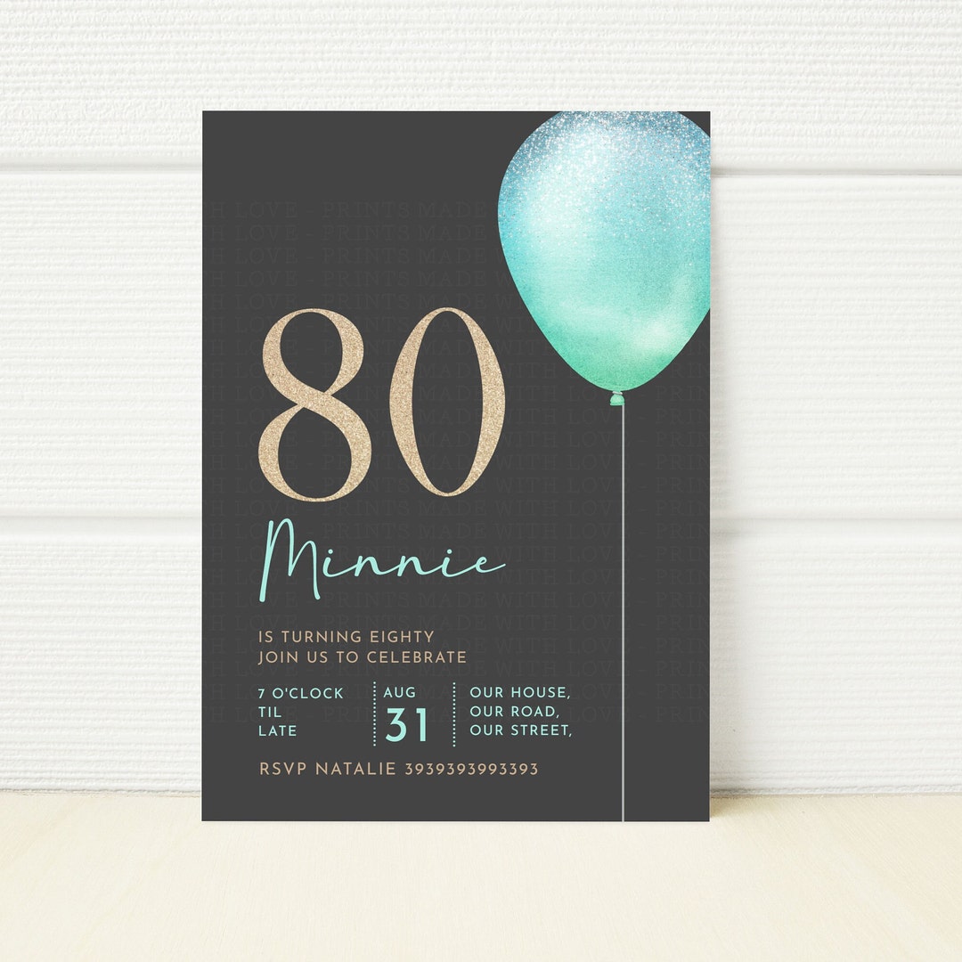 Editable 80th Birthday Invitation Party Minimalist Teal Gold Printable