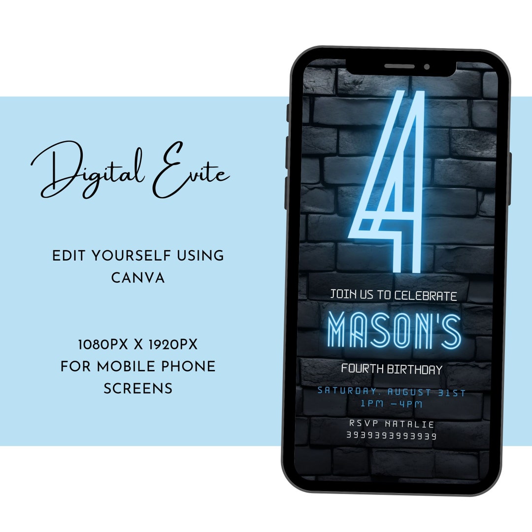 Editable Boys 4th Birthday Party Mobile Phone Invite Invitation Blue ...