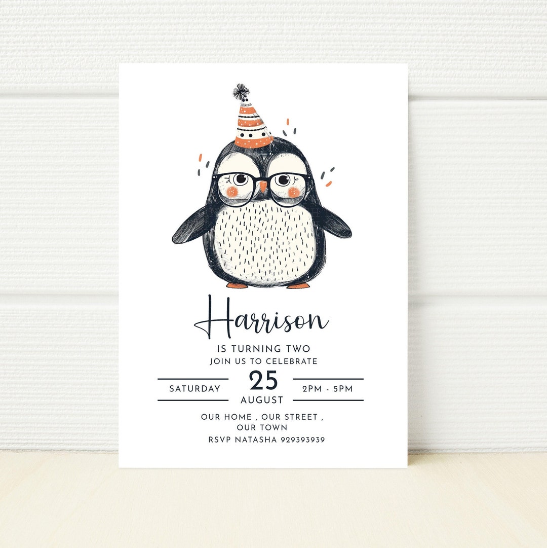 Editable Penguin Birthday Party Invitation Printable Digital Phone ...