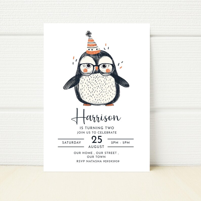 Editable Penguin Birthday Party Invitation Printable Digital Phone ...