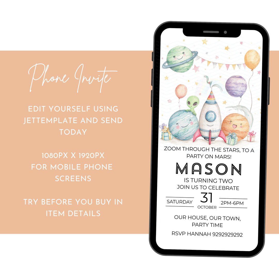 Space UFO Planet Birthday Party Invitation Mobile Phone Digital Picture ...