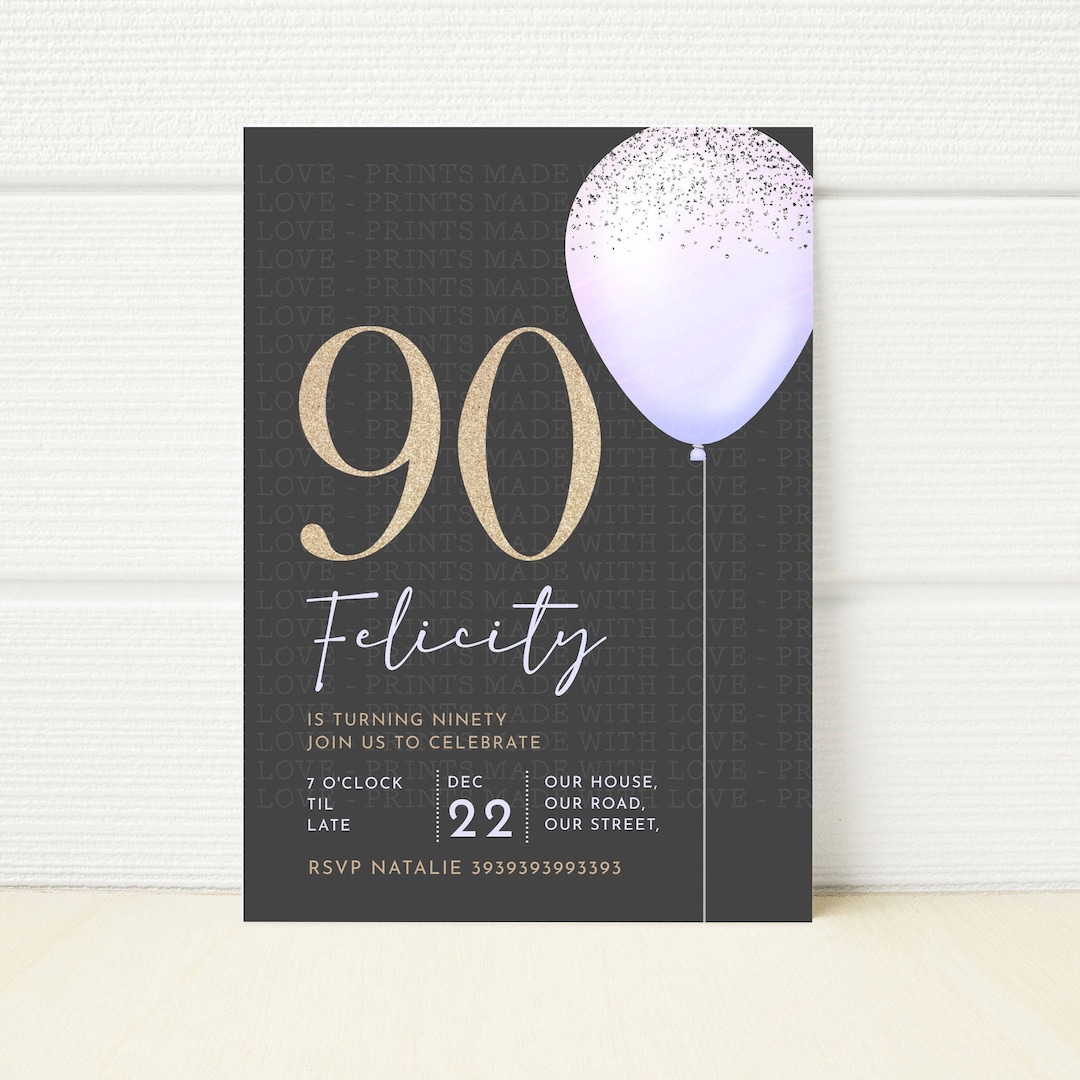 Editable 90th Birthday Invitation Template Light Blue Gold Minimalist ...