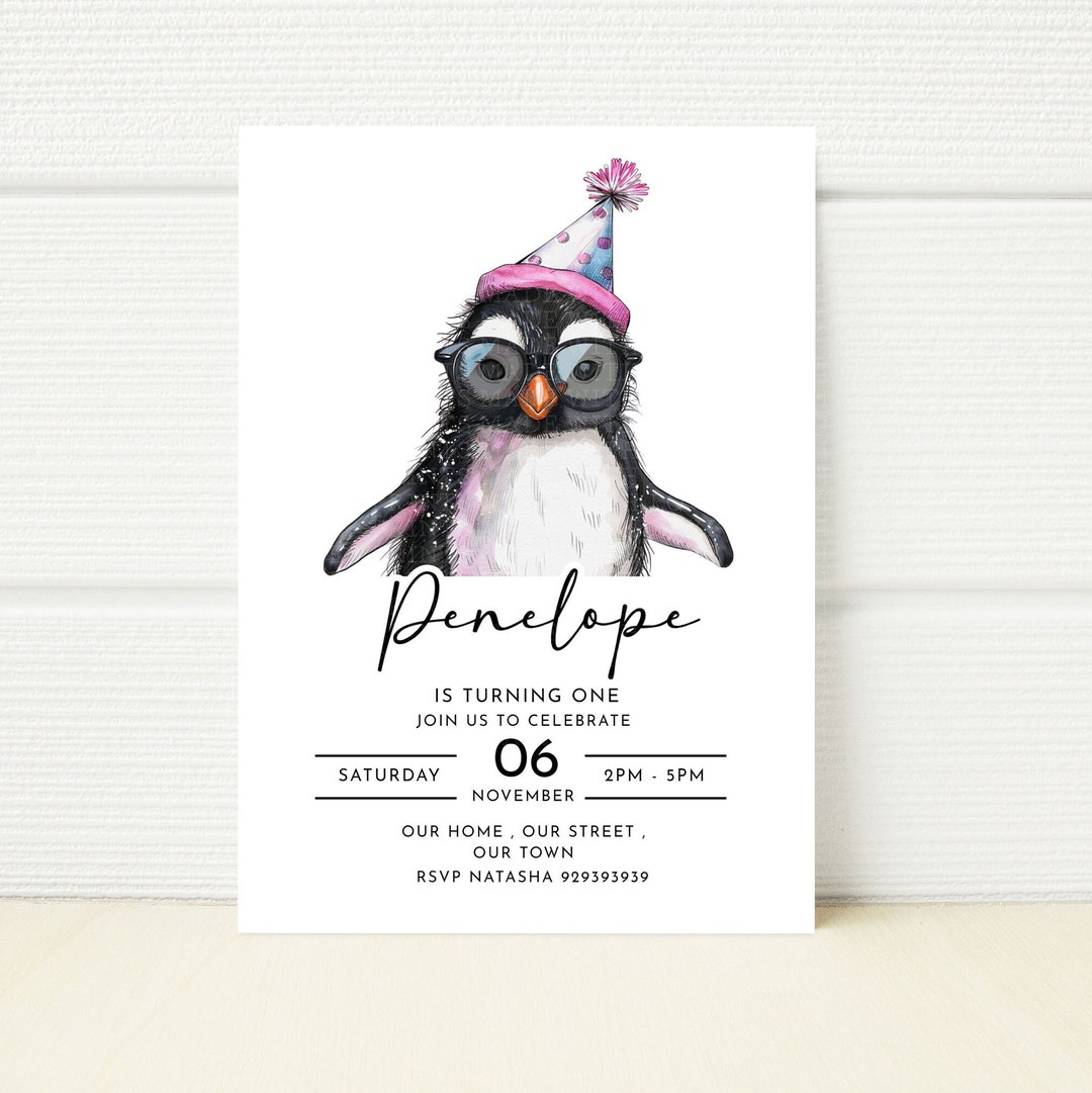 Editable Penguin Birthday Party Invitation Template Wild Phone Digital ...
