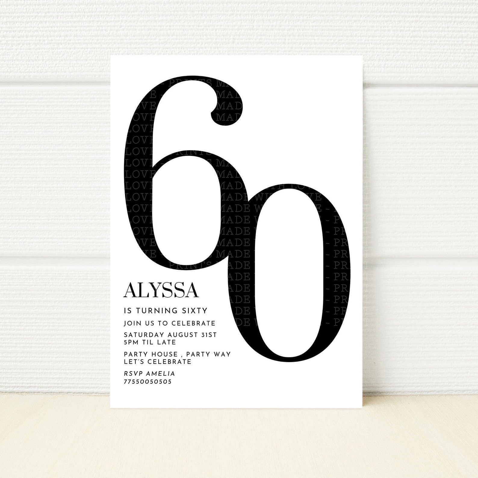 Monochrome Editable 60th Birthday Invitation Minimalist Black and White ...