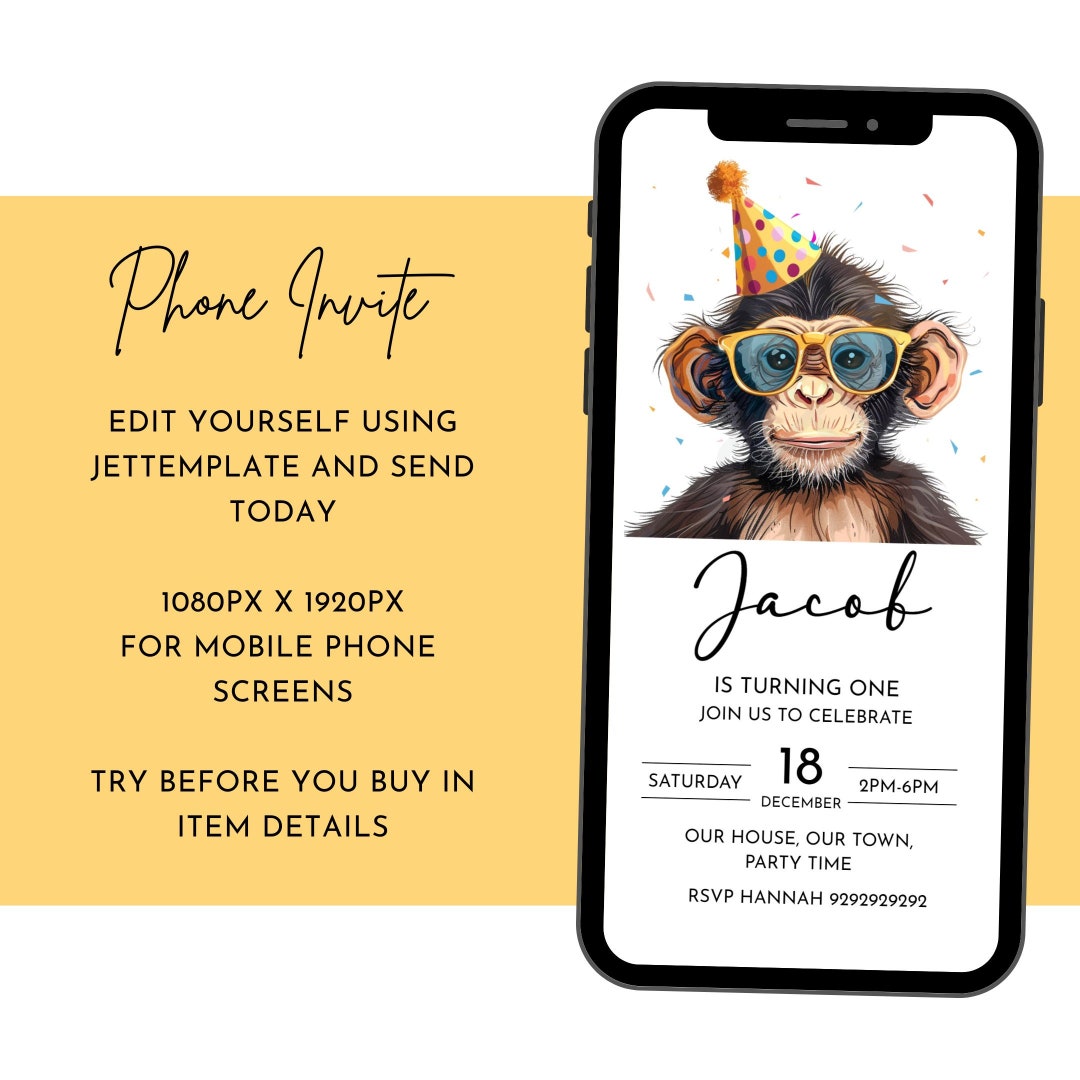 Monkey Birthday Mobile Invitation, Wild Safari Party (digital) - Etsy