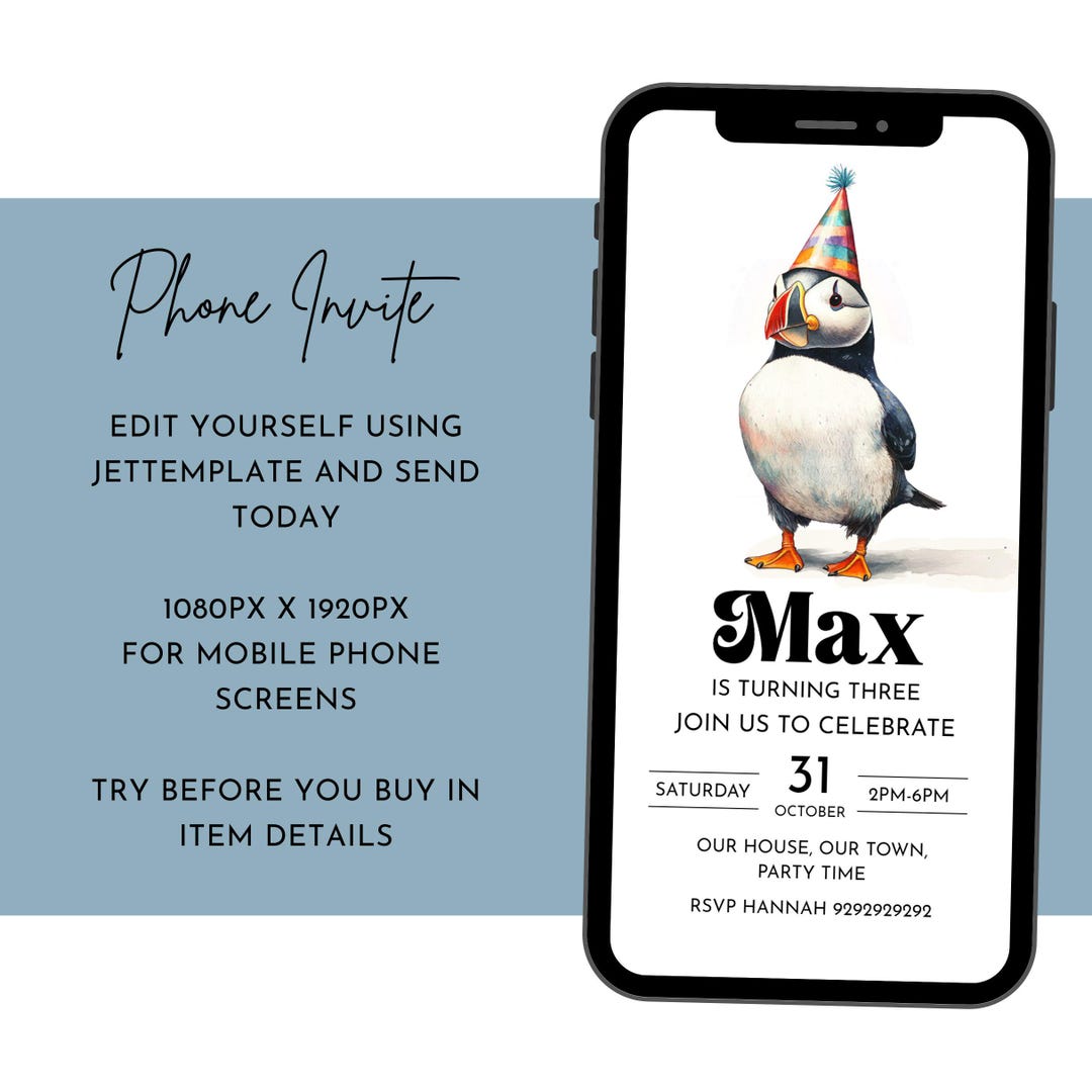 Puffin Birthday Party Invitation Party Invite Picture Message Digital ...