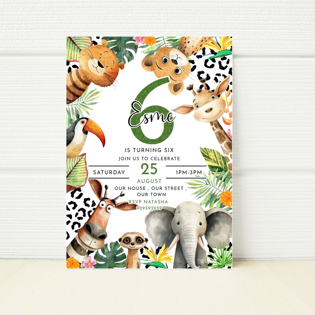 Editable Wild 6th Birthday Party Invitation Jungle Safari Invite Wild ...