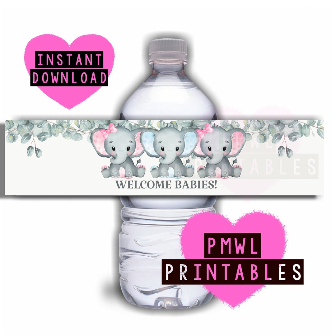 Triplets Baby Shower , Water Bottle Label , 2 Girls 1 Boy , Elephant ...