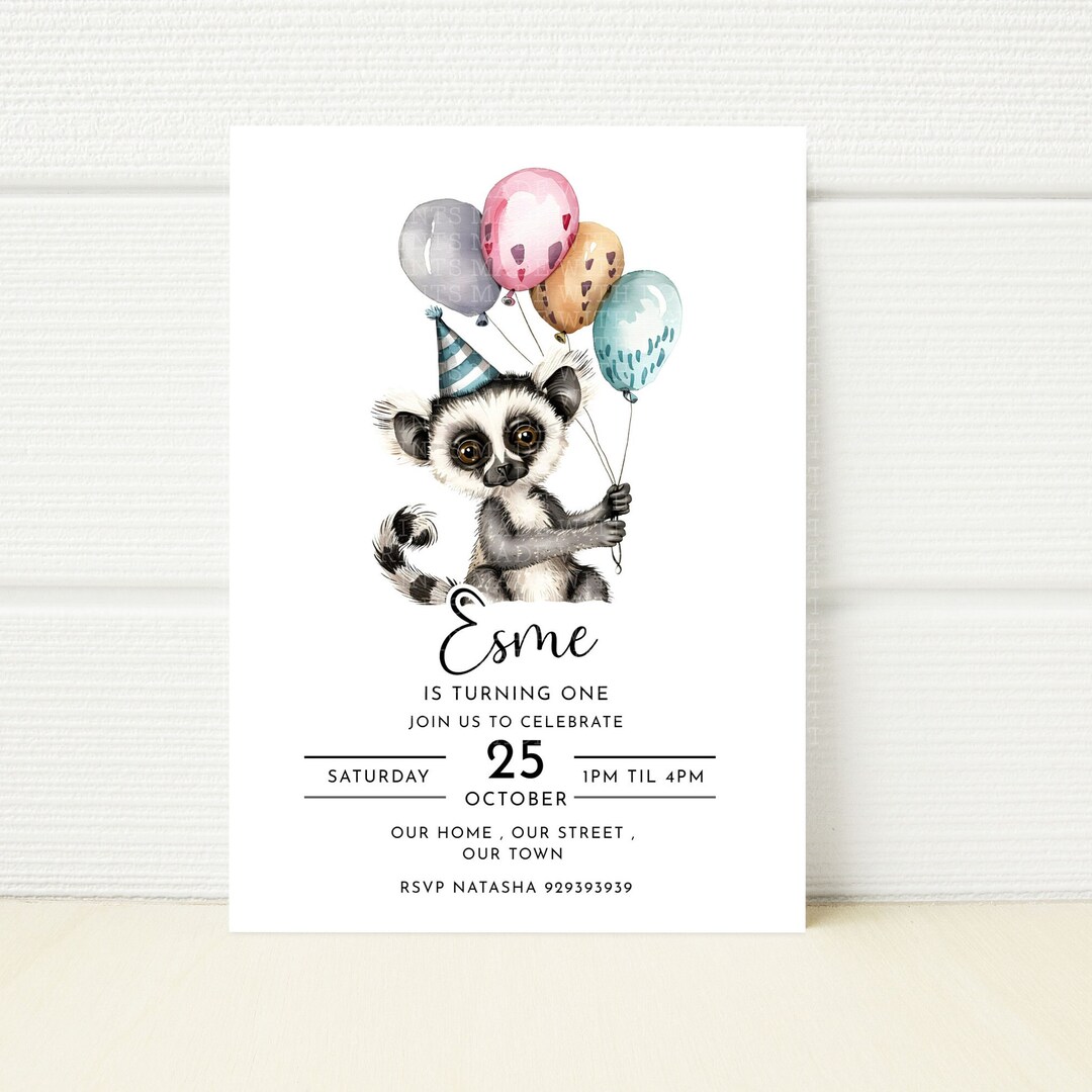 Editable Lemur Birthday Party Invitation Phone Digital E Invitation ...