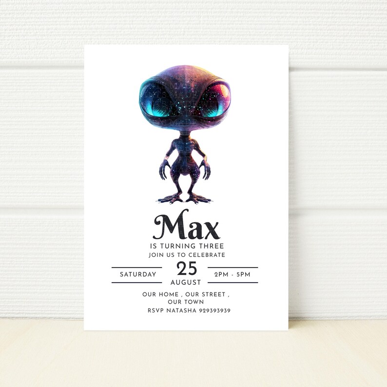 Editable Alien Birthday Party Invitation Minimalist Simple Template ...