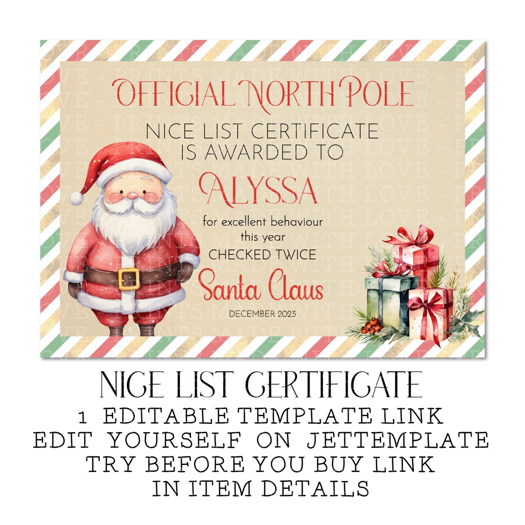 Santa Nice List Certificate Editable Father Christmas Printable ...