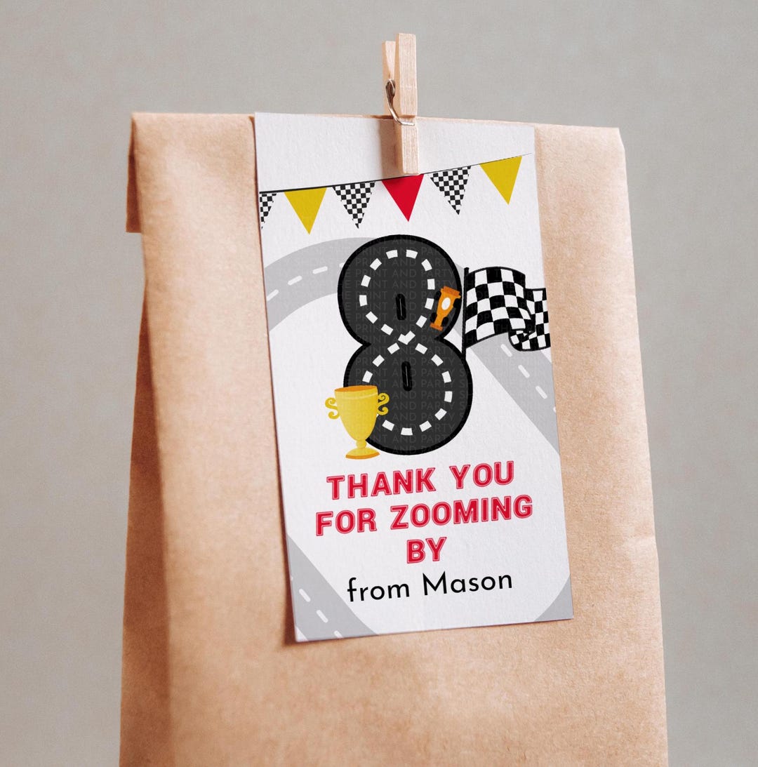 8th Birthday Party Race Car Thank You Favor Tag Label Favour Digital ...