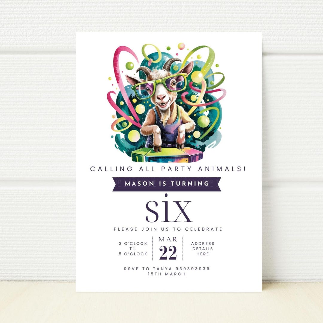 DJ Goat Birthday Invitation, Disco Neon Party (canva Editable, Digital ...