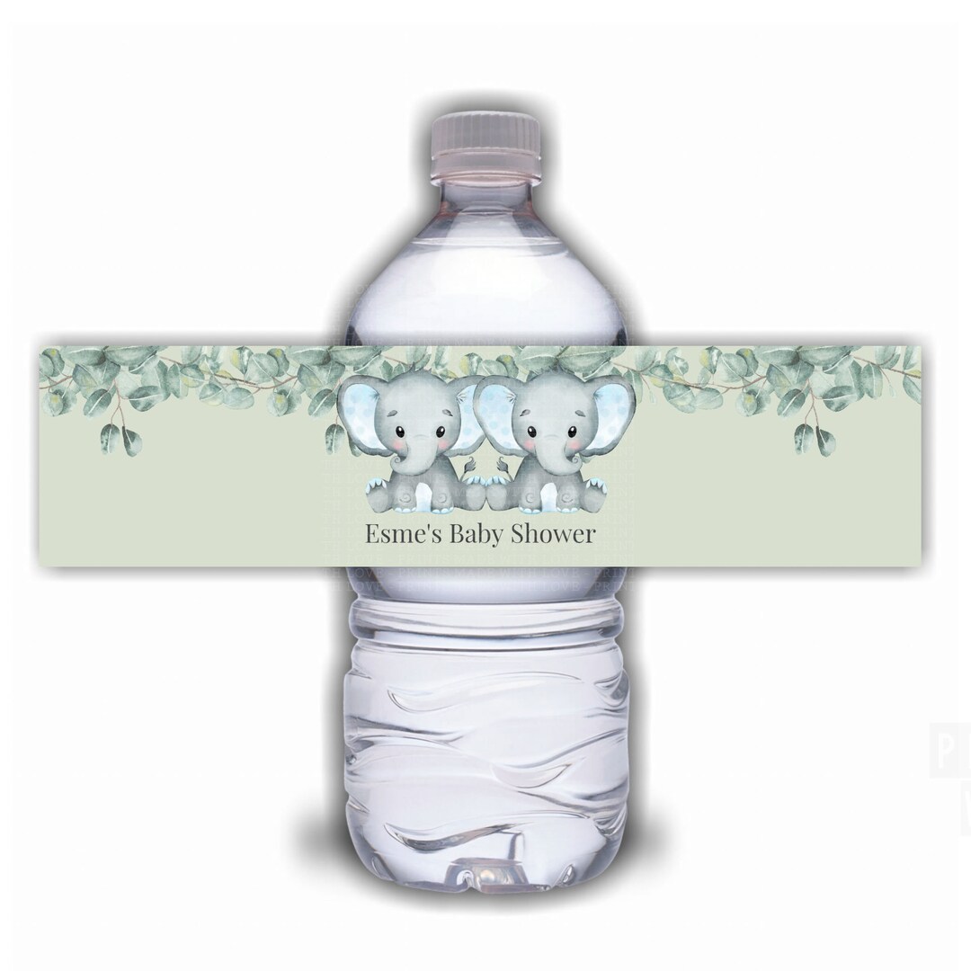 Twins Baby Shower Water Bottle Labels, Boy Elephants (digital Download ...