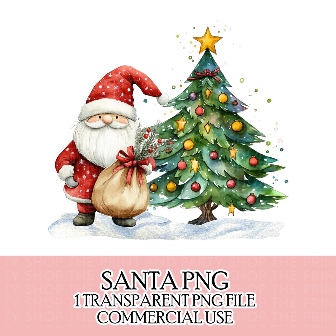 Father Christmas Santa Clipart Image With Tree Sublimation Card Bow ...