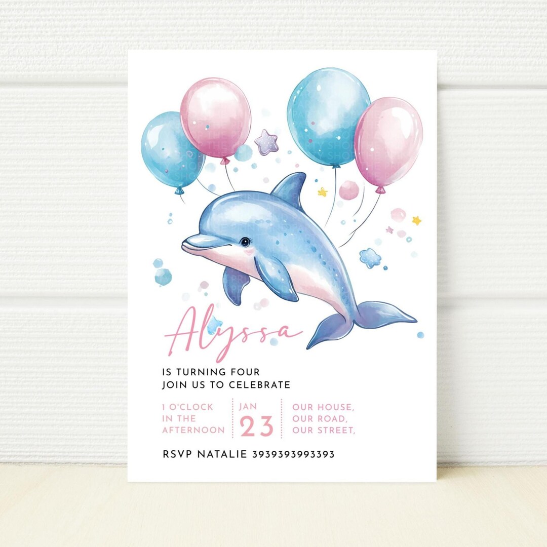 Dolphin Birthday Party Invitation Template Editable Digital Invite Pool ...