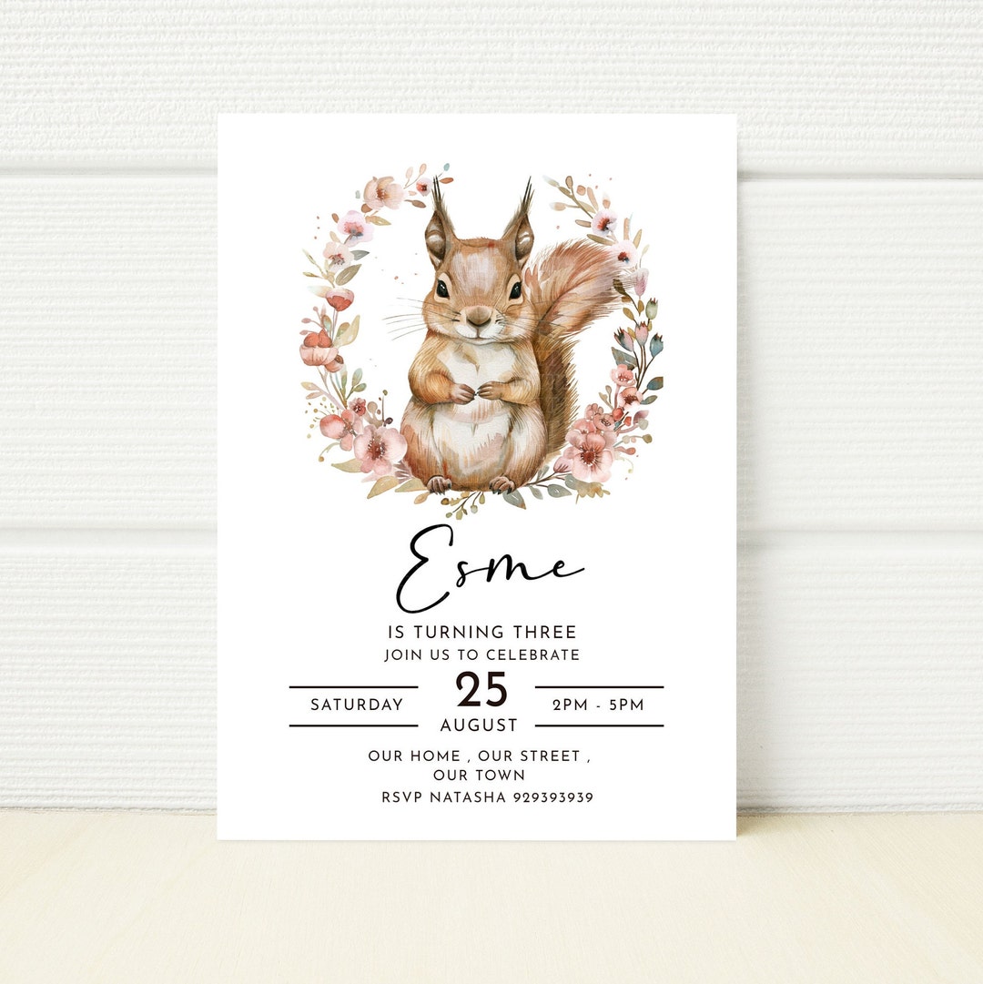 Squirrel Editable Floral Birthday Party Invitation Forest Woodland ...