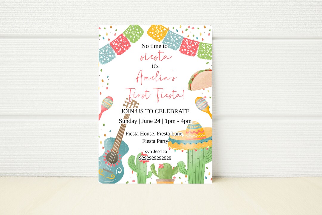 Editable First Fiesta Invitation Template Birthday Party Mexican Cactus ...