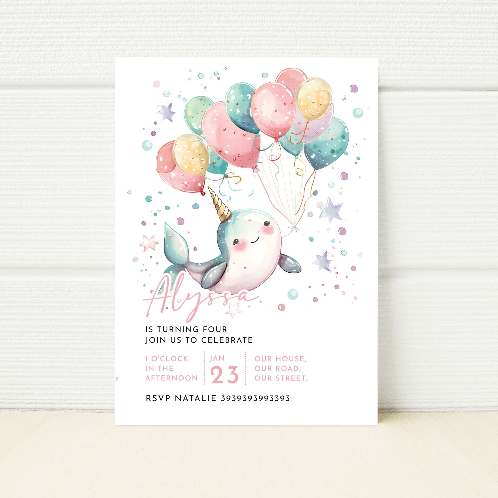 Narwhal Whale Invitation Template