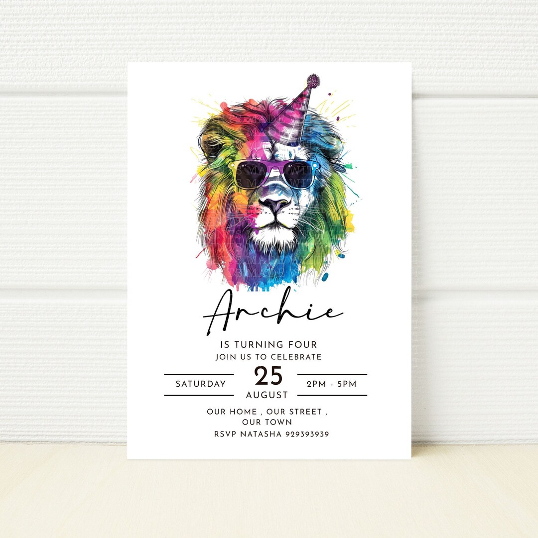 Editable Rainbow Lion Birthday Wild Party Tea Party Phone Digital E ...