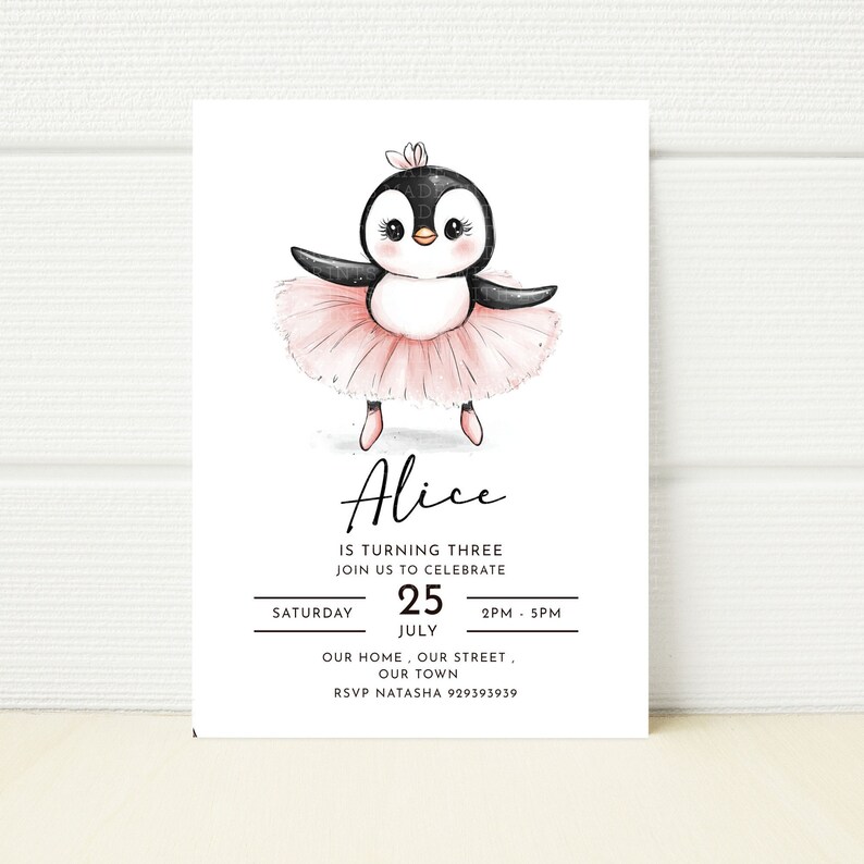 Editable Ballet Penguin Birthday Party Invitation Ballerina Dancer ...