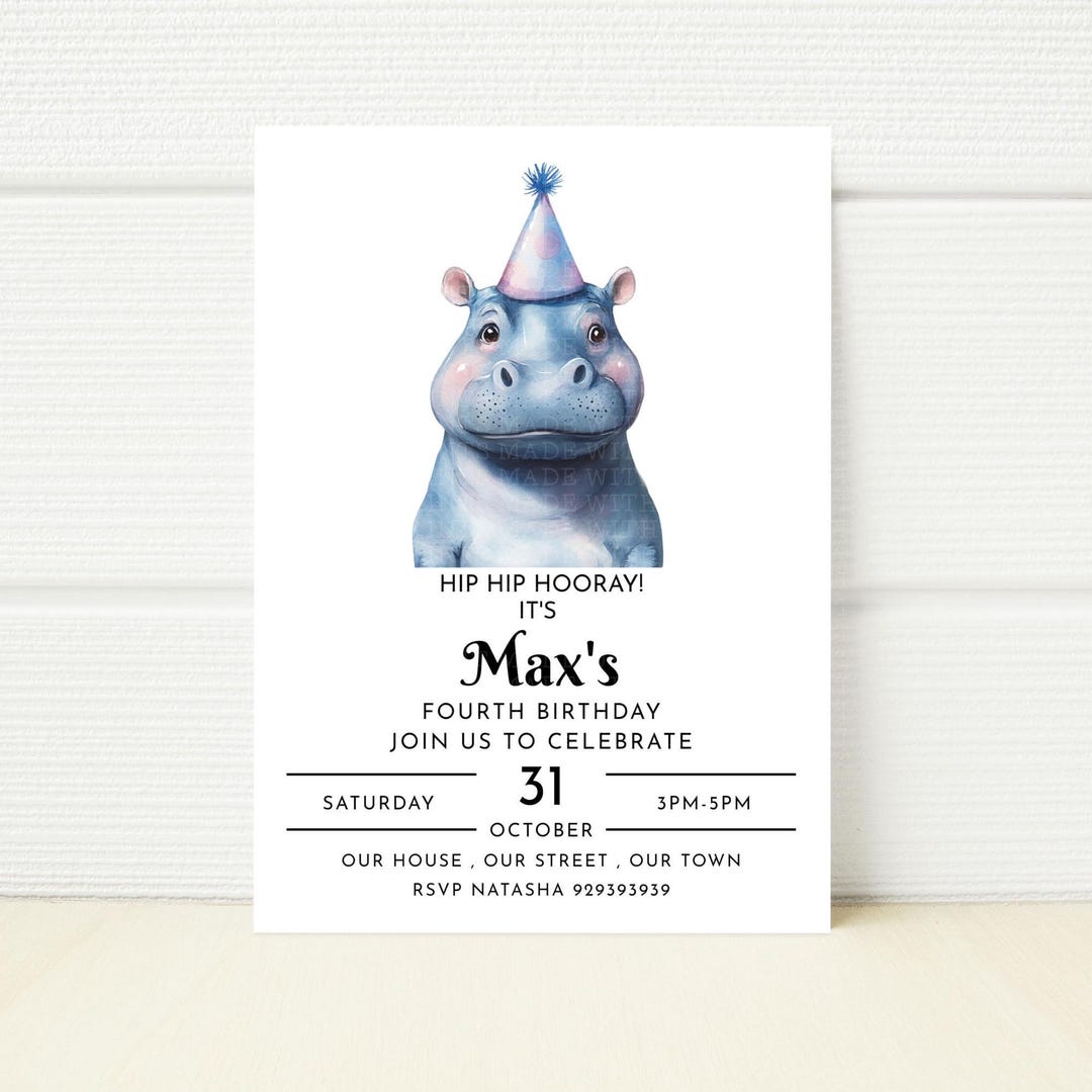 Editable Hippo Birthday Invitation Cute Party Invite Hippopotamus Wild ...