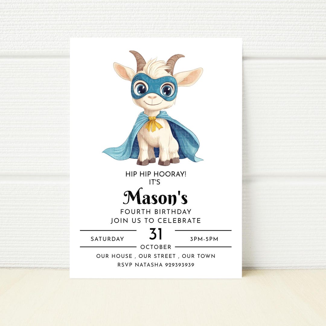 Super Goat Birthday Party Invitation Editable Digital Printable ...