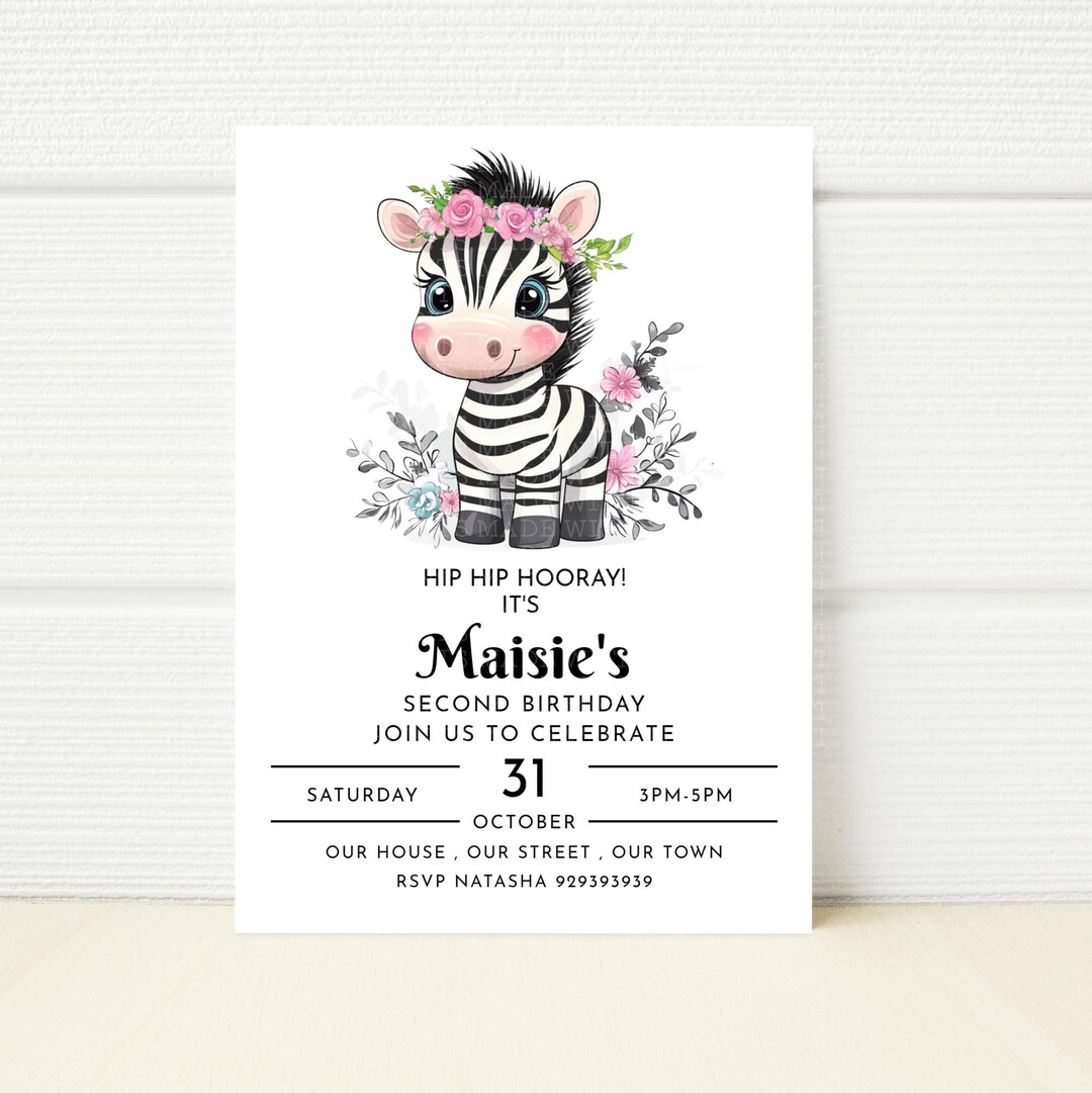 Zebra Birthday Invitation, Floral Safari Party (digital Template) - Etsy