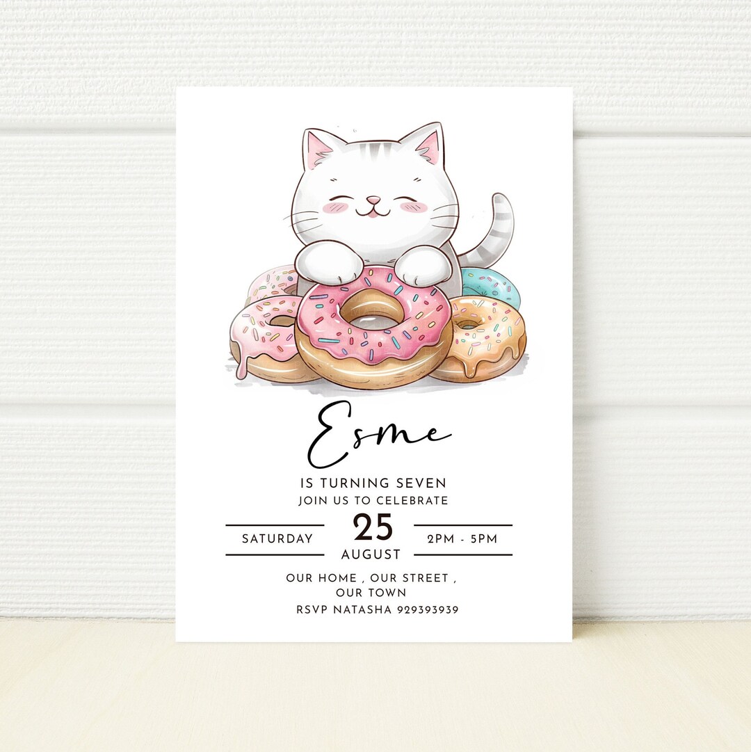 Cat and Doughnuts Birthday Invitation Editable Template Cute Kawaii ...