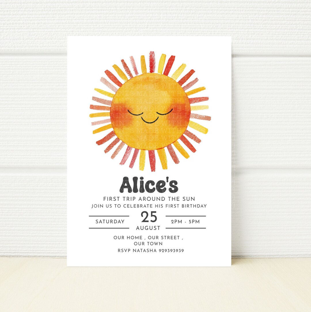 Sunshine Sun Cute First Birthday Party Editable Invitation First Trip ...