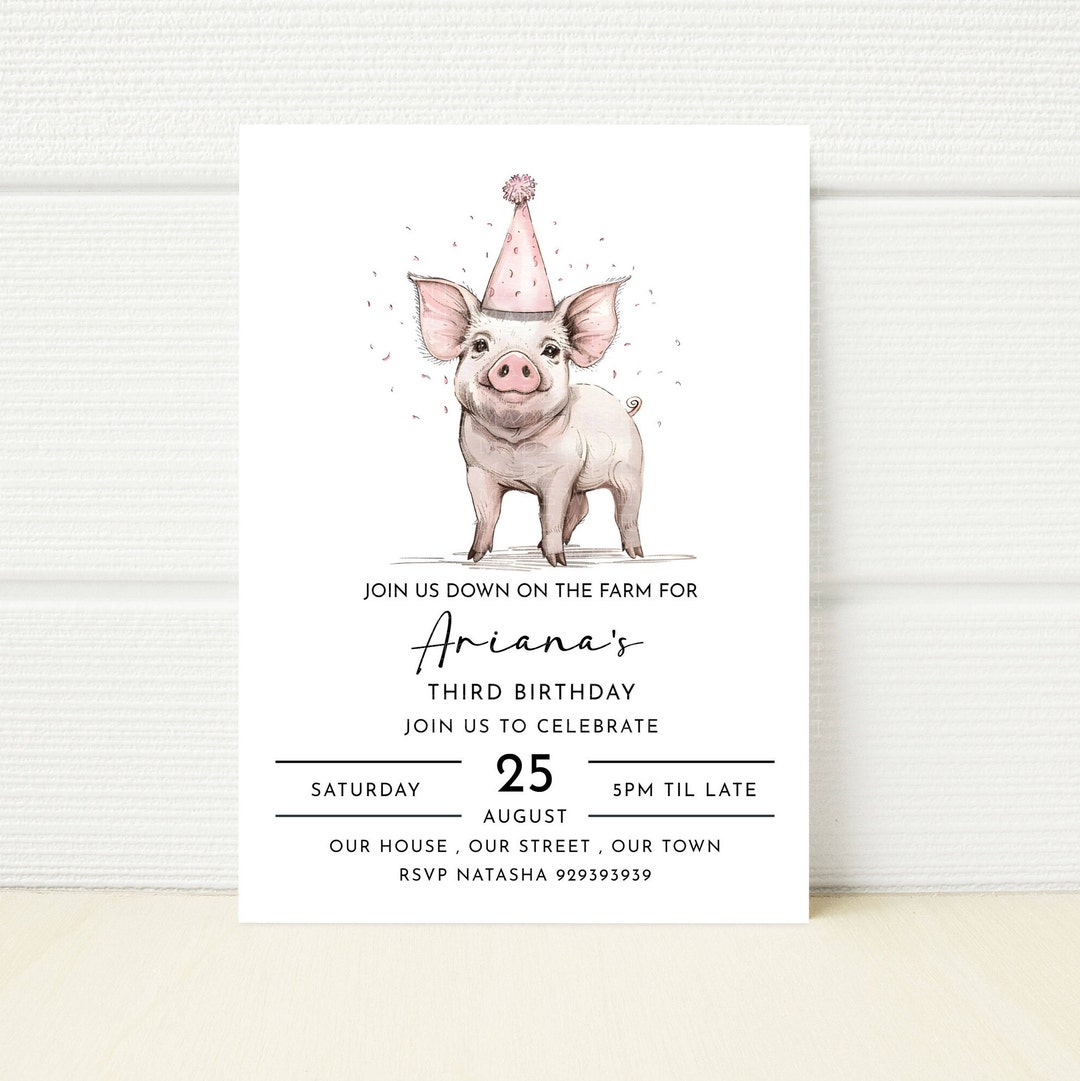 Pig Birthday Party Invitation Farm Party Piglet Down on the Editable ...