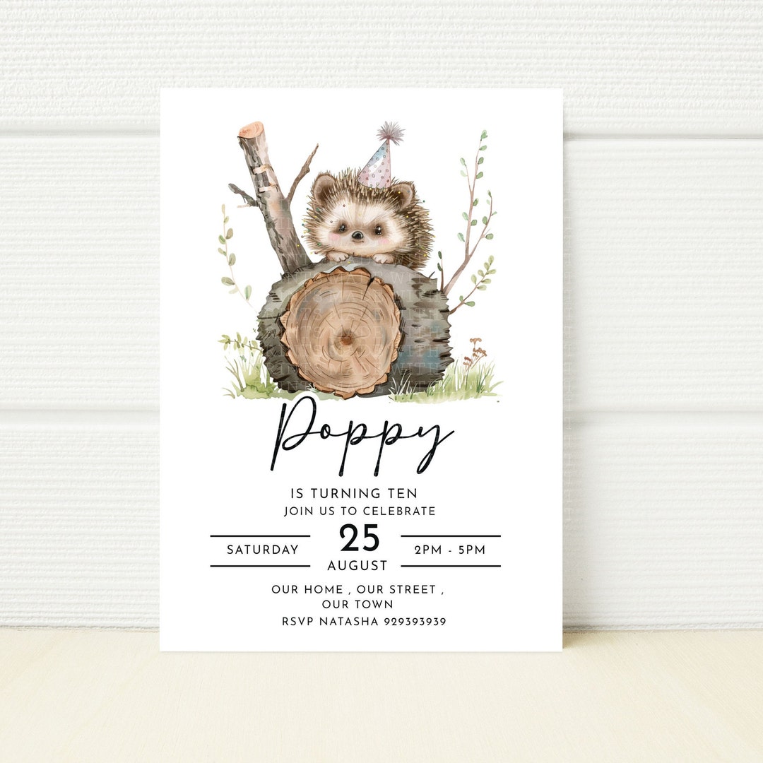 Editable Hedgehog in the Forest Birthday Party Invite Invitation ...