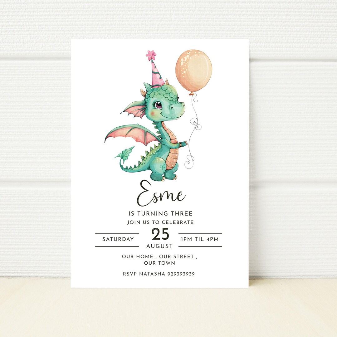 Printable Dragon Birthday Invite Editable Template Cute Kawaii ...