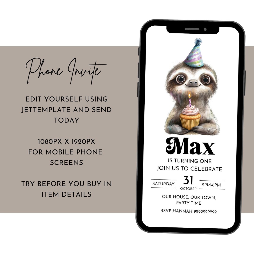 Sloth Birthday Party Invitation Mobile Phone Digital Picture Message ...