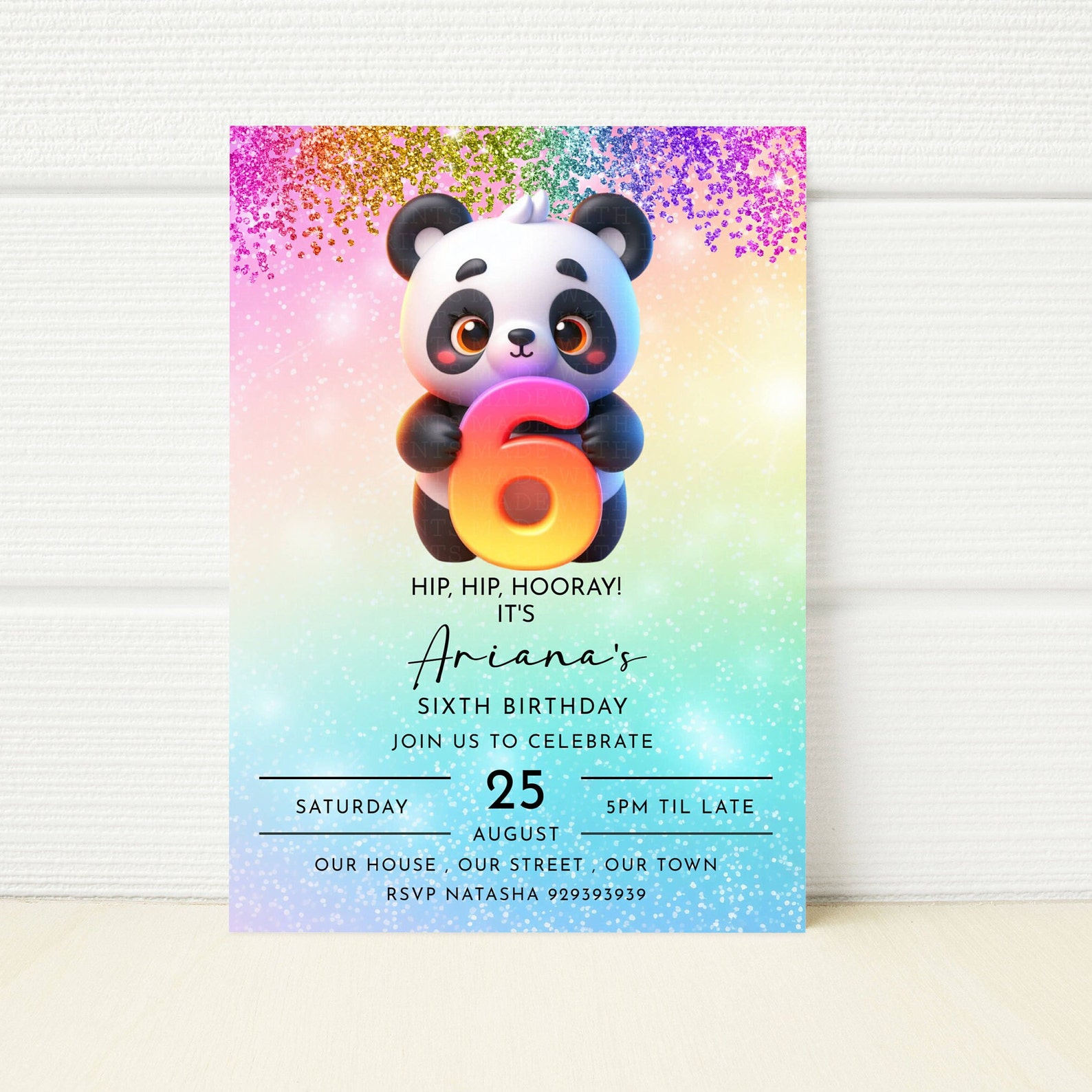 Editable Panda 6th Birthday Invitation Panda Party Rainbow Birthday ...