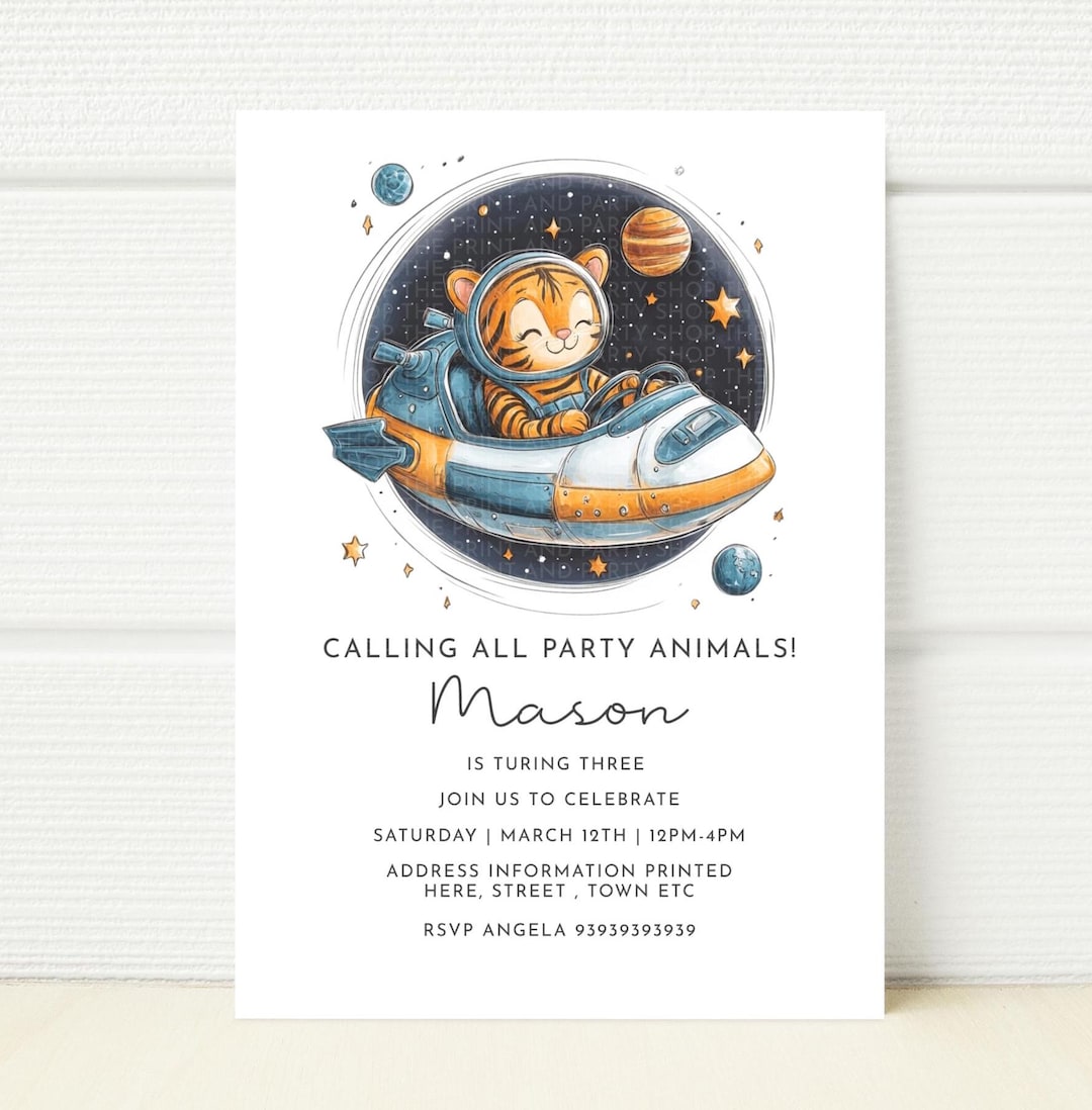 Editable Tiger Space Birthday Party Invite Invitation Template ...
