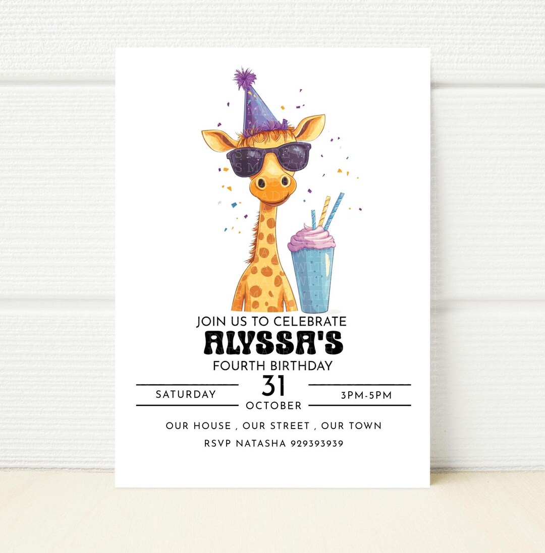 Editable Milkshake Giraffe Safari Birthday Party Kitten Invite ...
