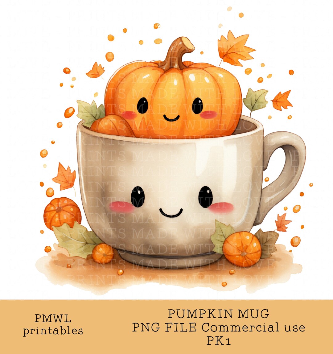 Cute Pumpkin Mug Clipart Kawaii Watercolour PNG File Fall Crafts Autumn ...