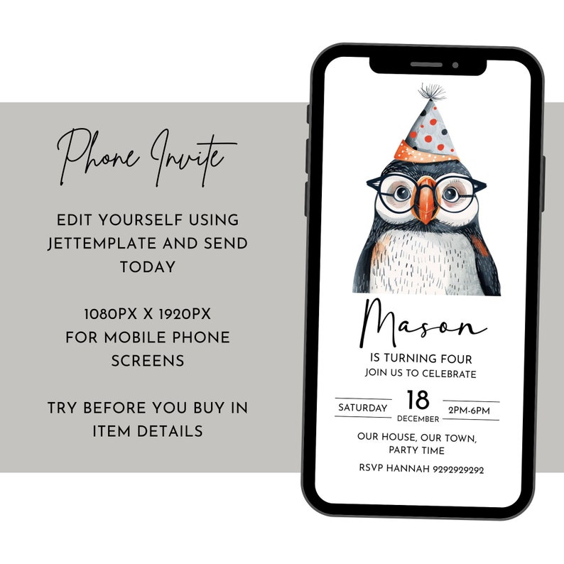 Editable Puffin Birthday Party Invitation Mobile Phone Digital Picture ...