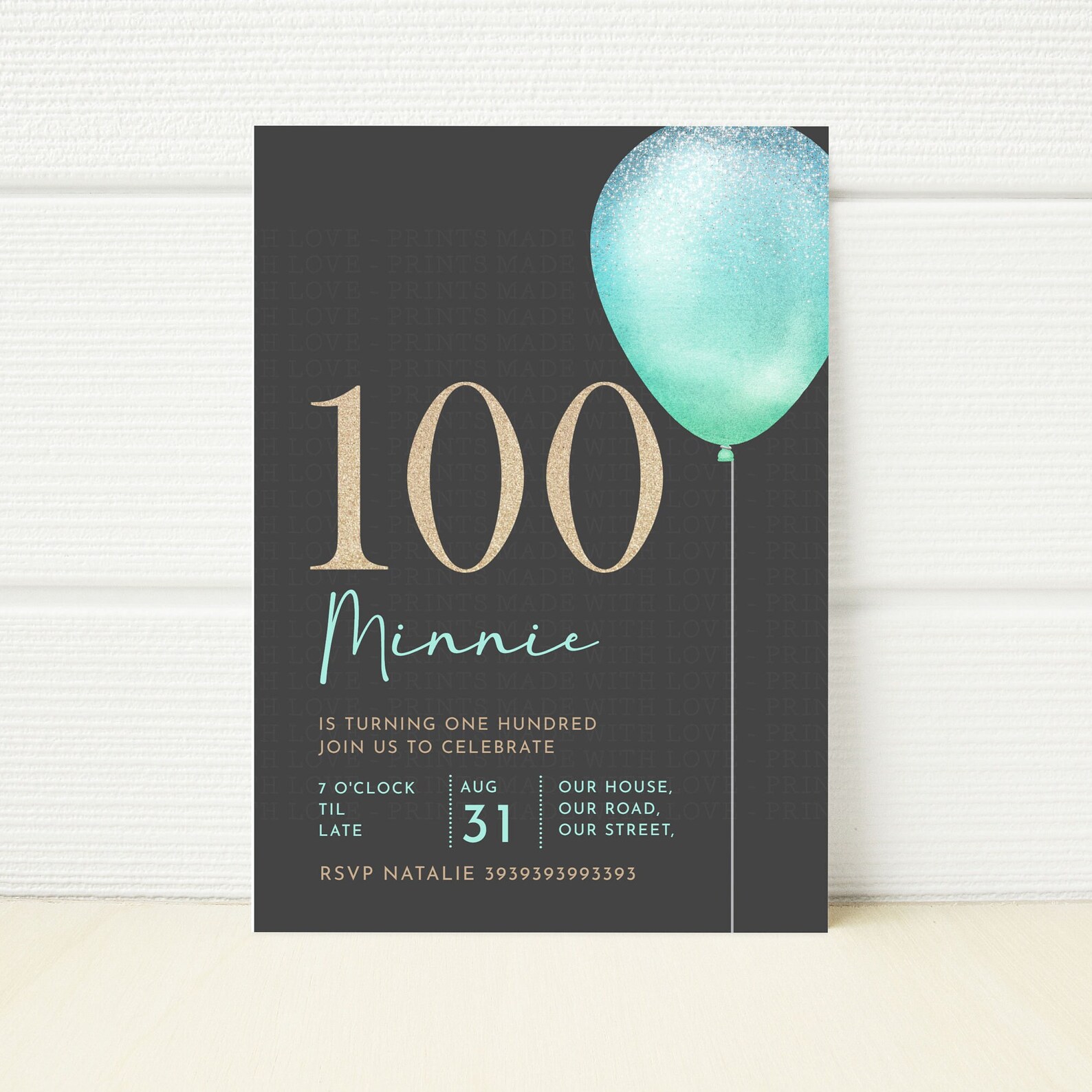 Editable 100th Birthday Invitation Party Minimalist Teal Gold Printable ...
