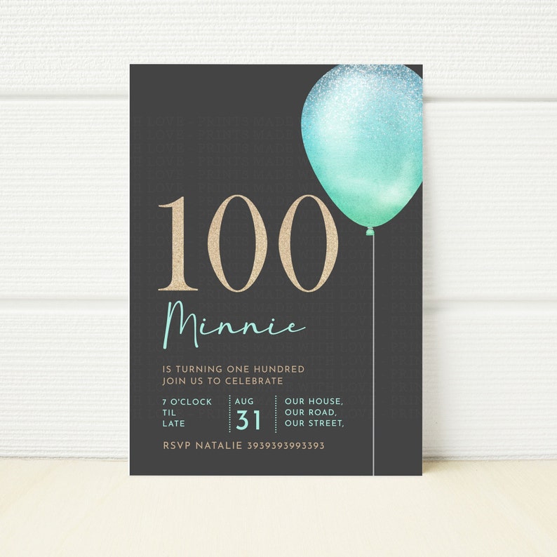 Editable 100th Birthday Invitation Party Minimalist Teal Gold Printable ...
