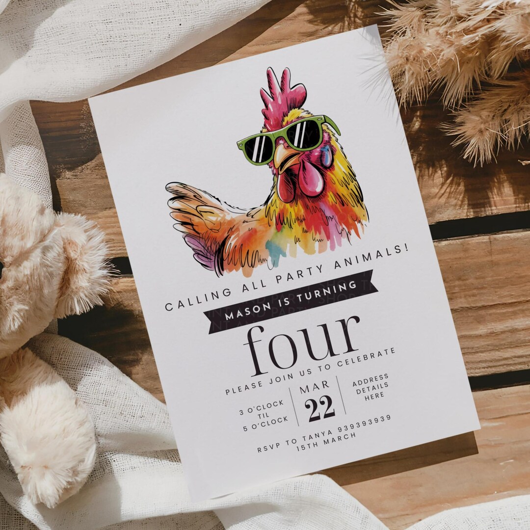 Chicken Party Birthday Invitation Canva Farm Disco Editable Template ...