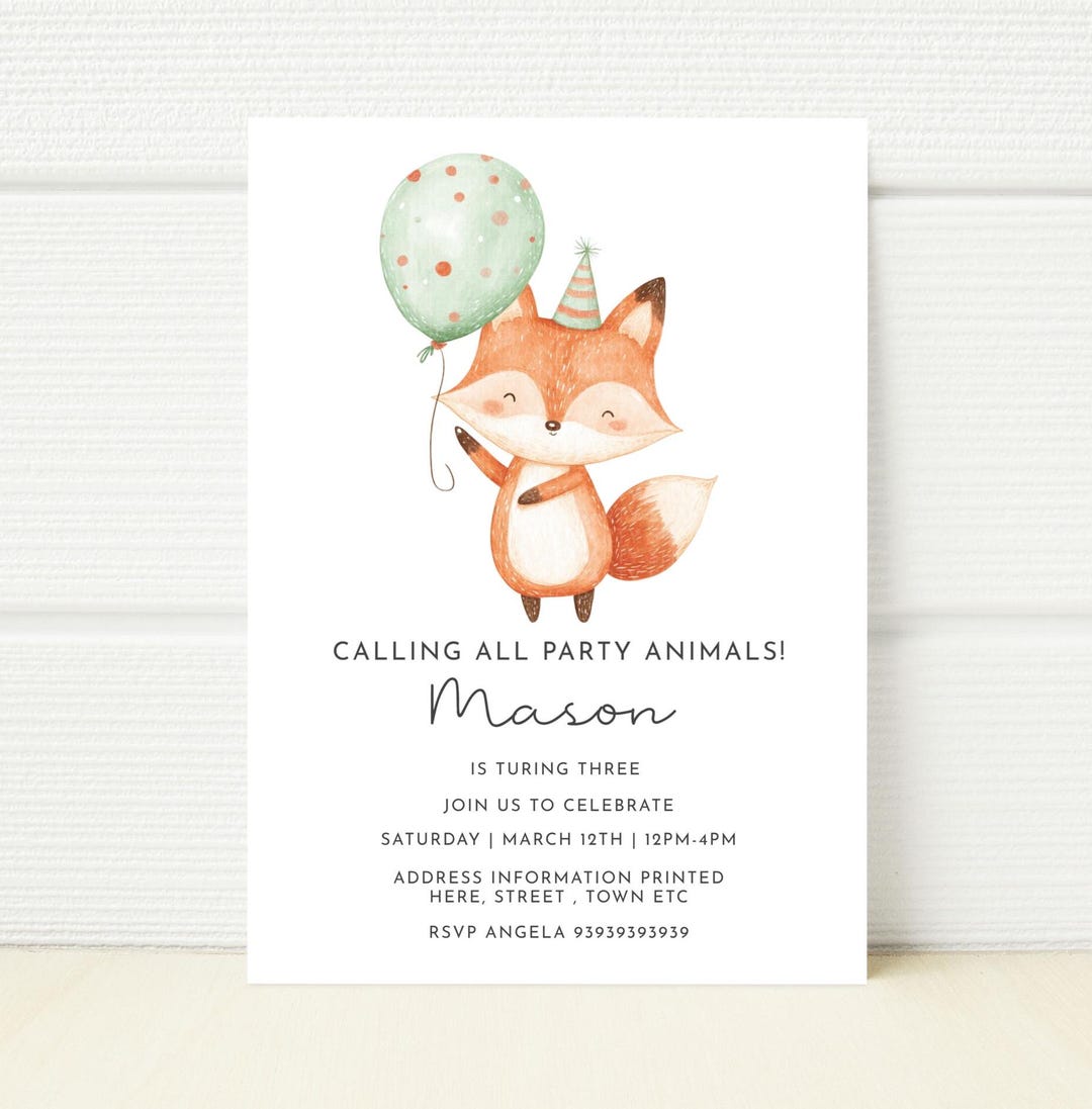 Editable Cute Fox Birthday Party Template Invitation Minimalist Simple ...