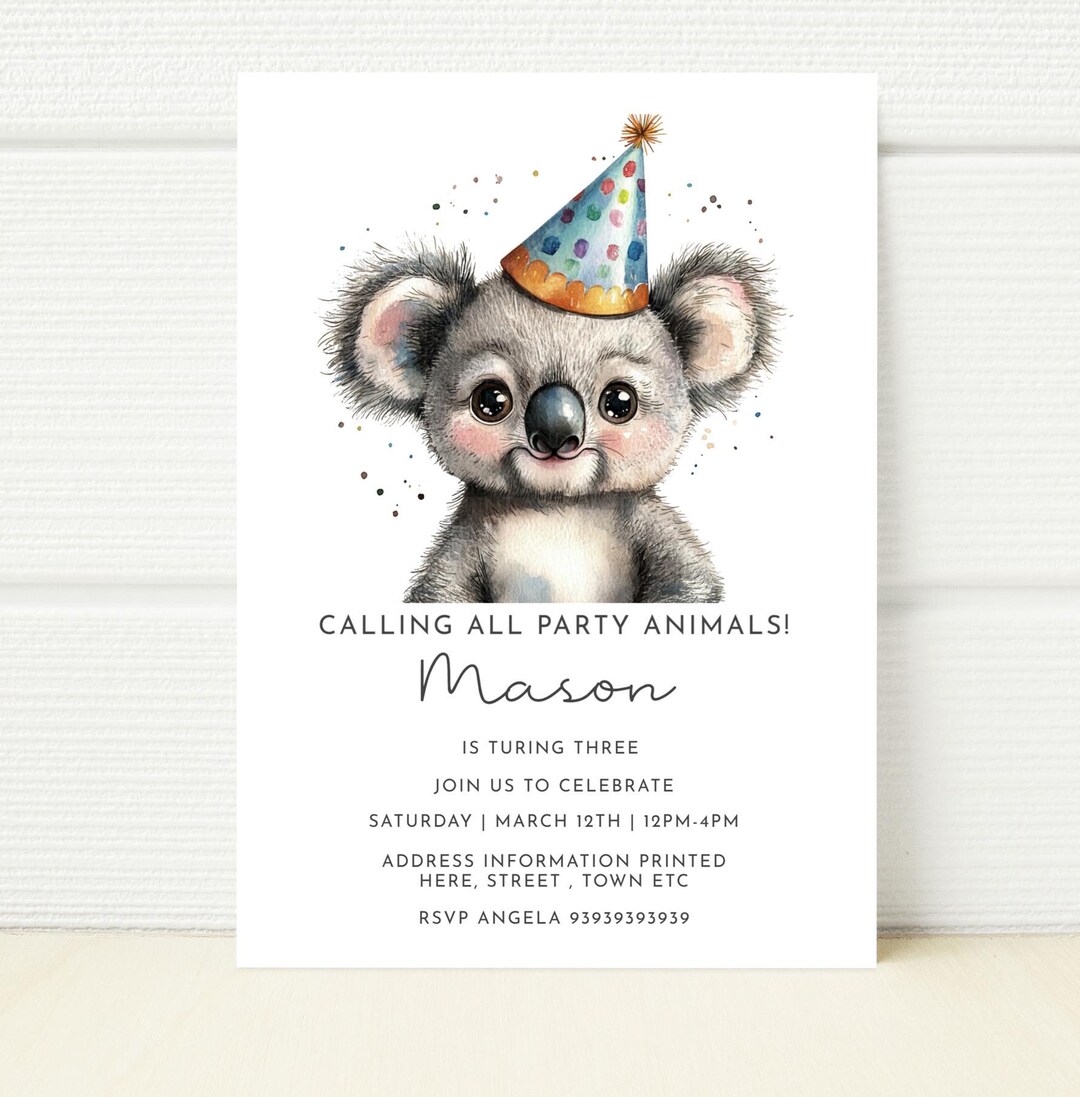 Editable Baby Koala Birthday Party Invitation Party Invite Digital ...
