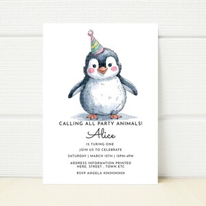 Editable Rainbow Party Penguin Birthday Party Invite Invitation Arctic ...