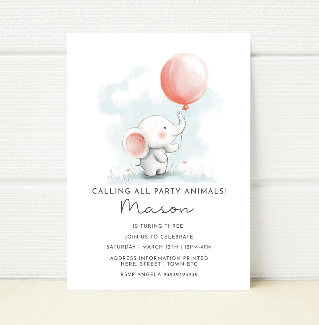 Elephant Birthday Party Invitation Template Forest Woodland Party ...