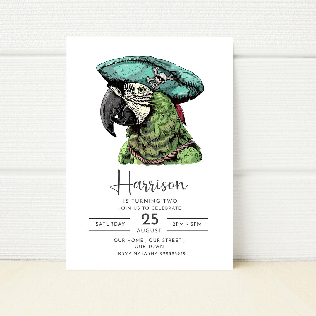 Pirate Parrot Birthday Invitation, Wild Party, Editable Template ...